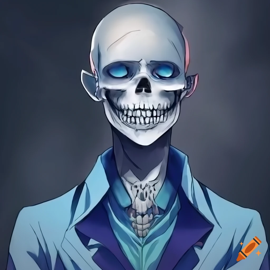 Anime-style handsome skeleton with blue flaming eye and white coat on ...