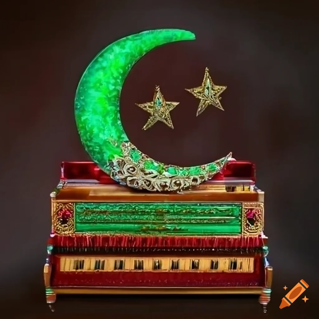 Intricately embellished crescent and star design in vibrant red and ...