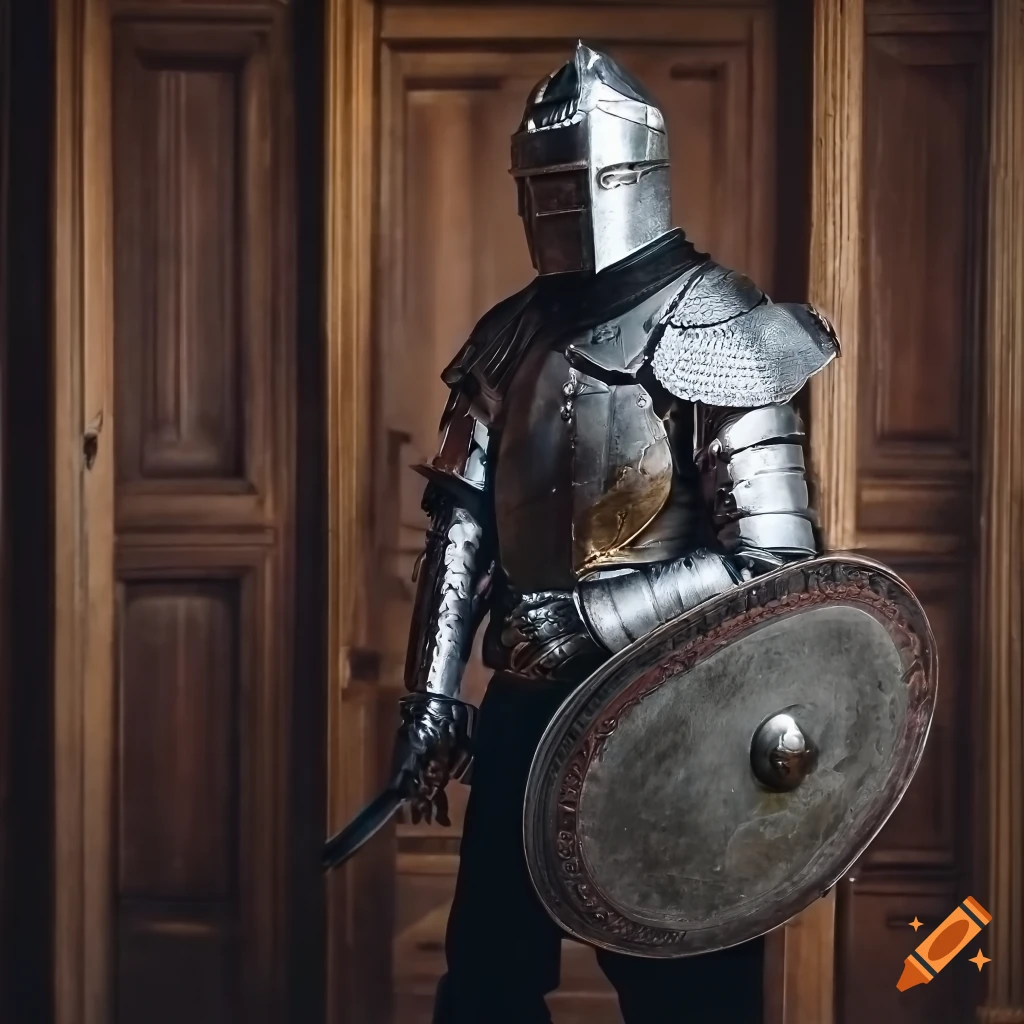 Tall and strong knight with chrome shield standing in front of an old ...