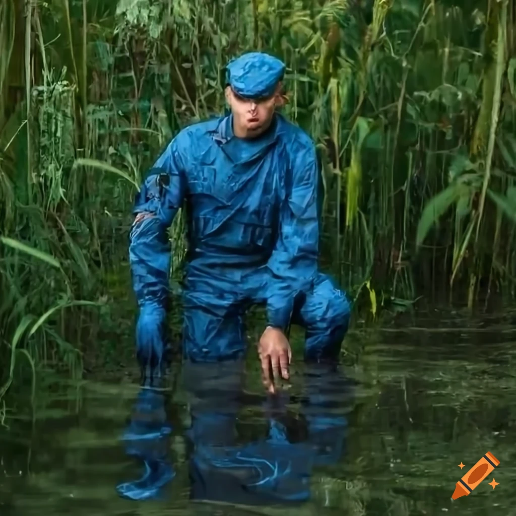 Soldier in blue uniform in swamp with intense expression ready for ...
