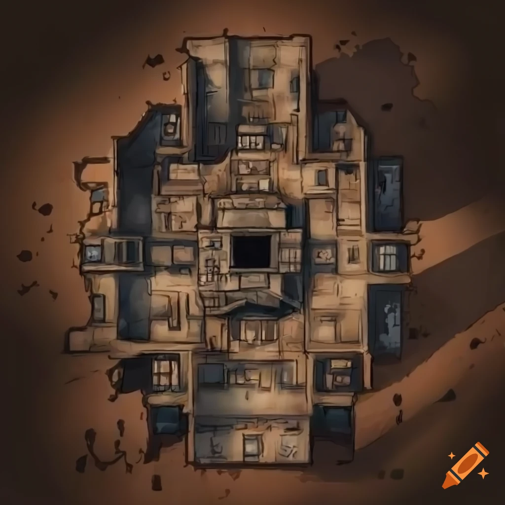 Top down view of a ruined city in dnd style on Craiyon