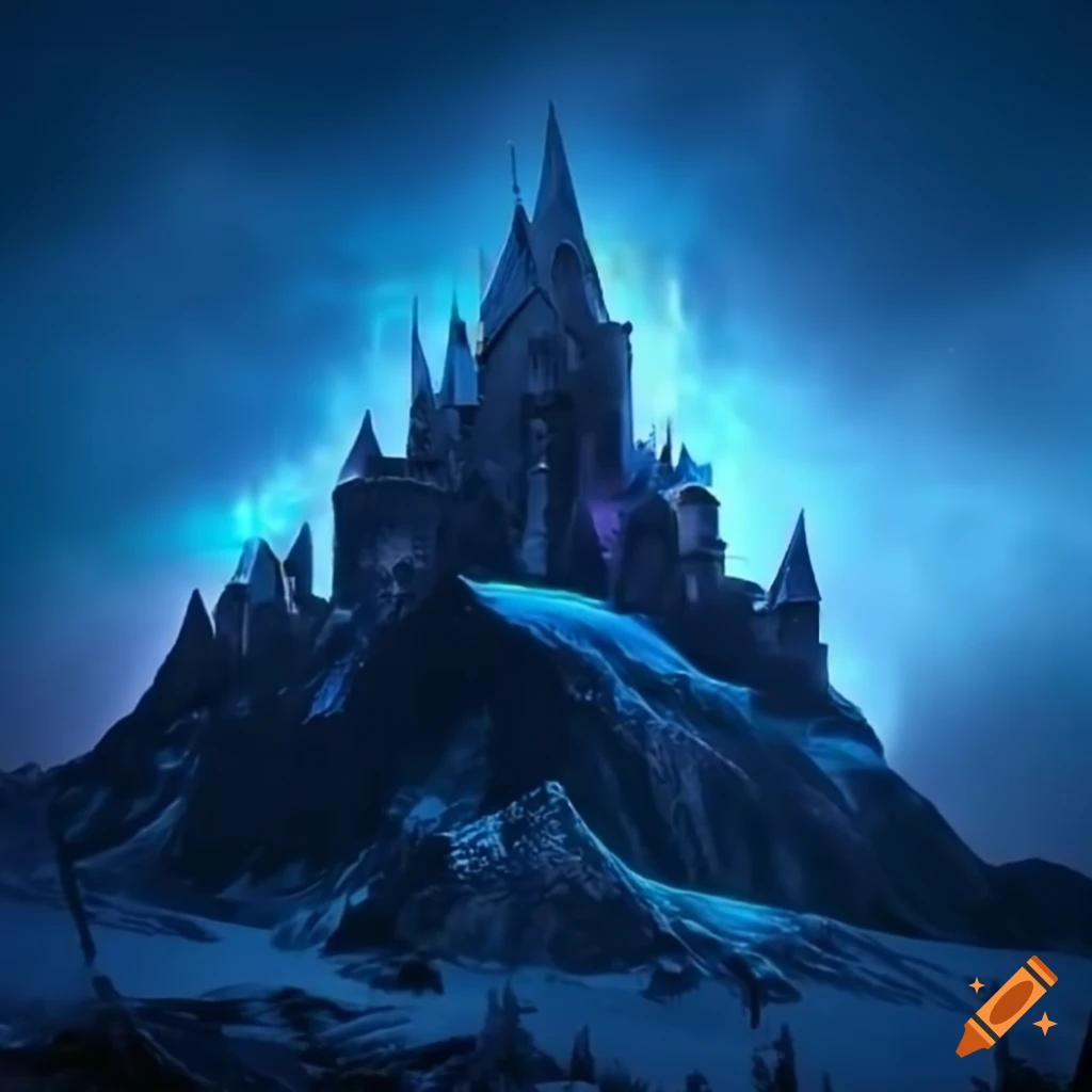 Icy castle on mountain with aurora borealis on Craiyon