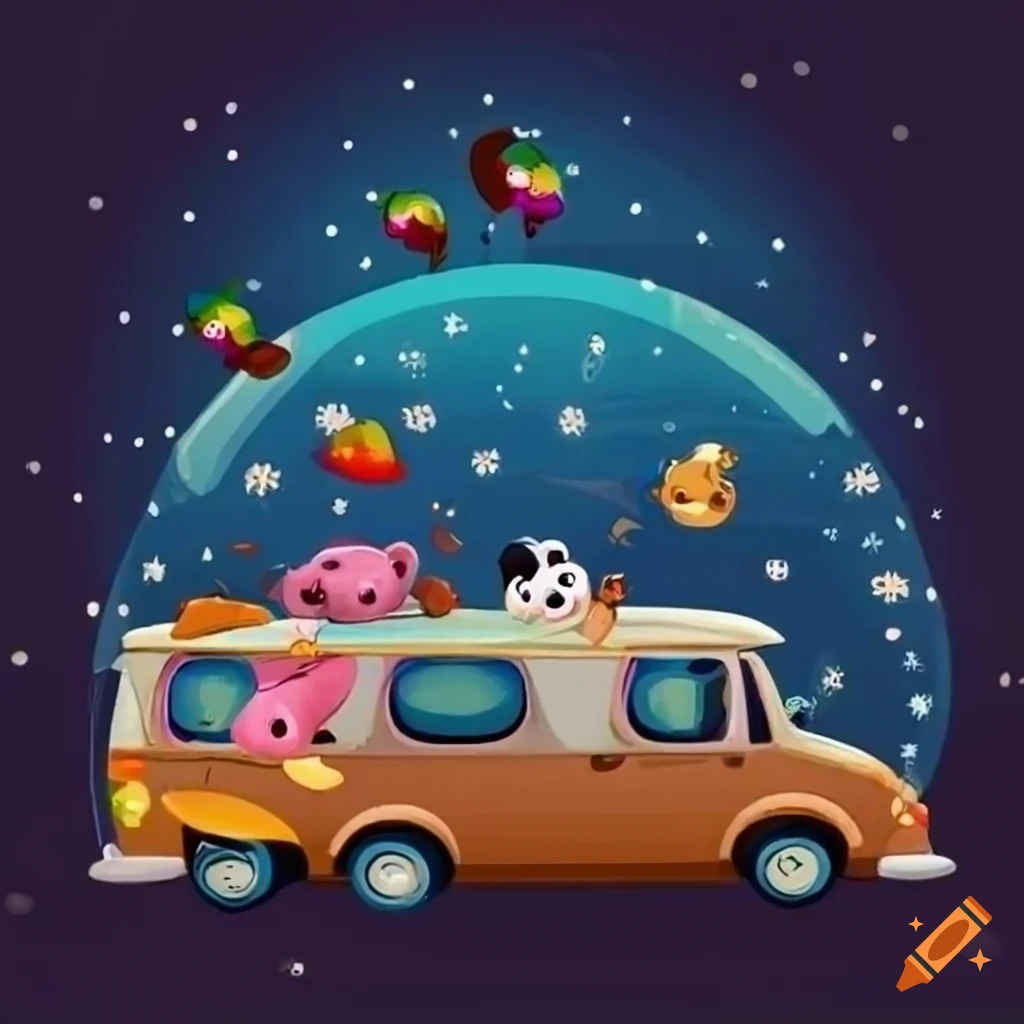 Friendly cartoon animals exploring the city of lights in a stylish van ...