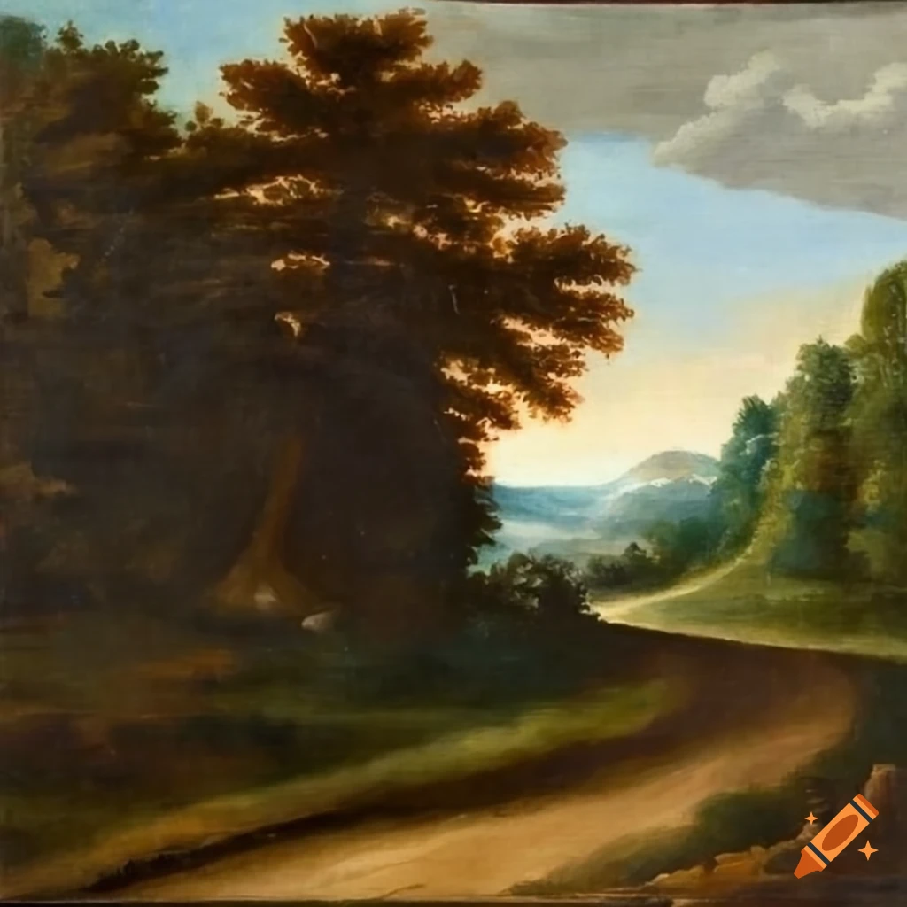 Renaissance painting of a landscape with road and trees on Craiyon
