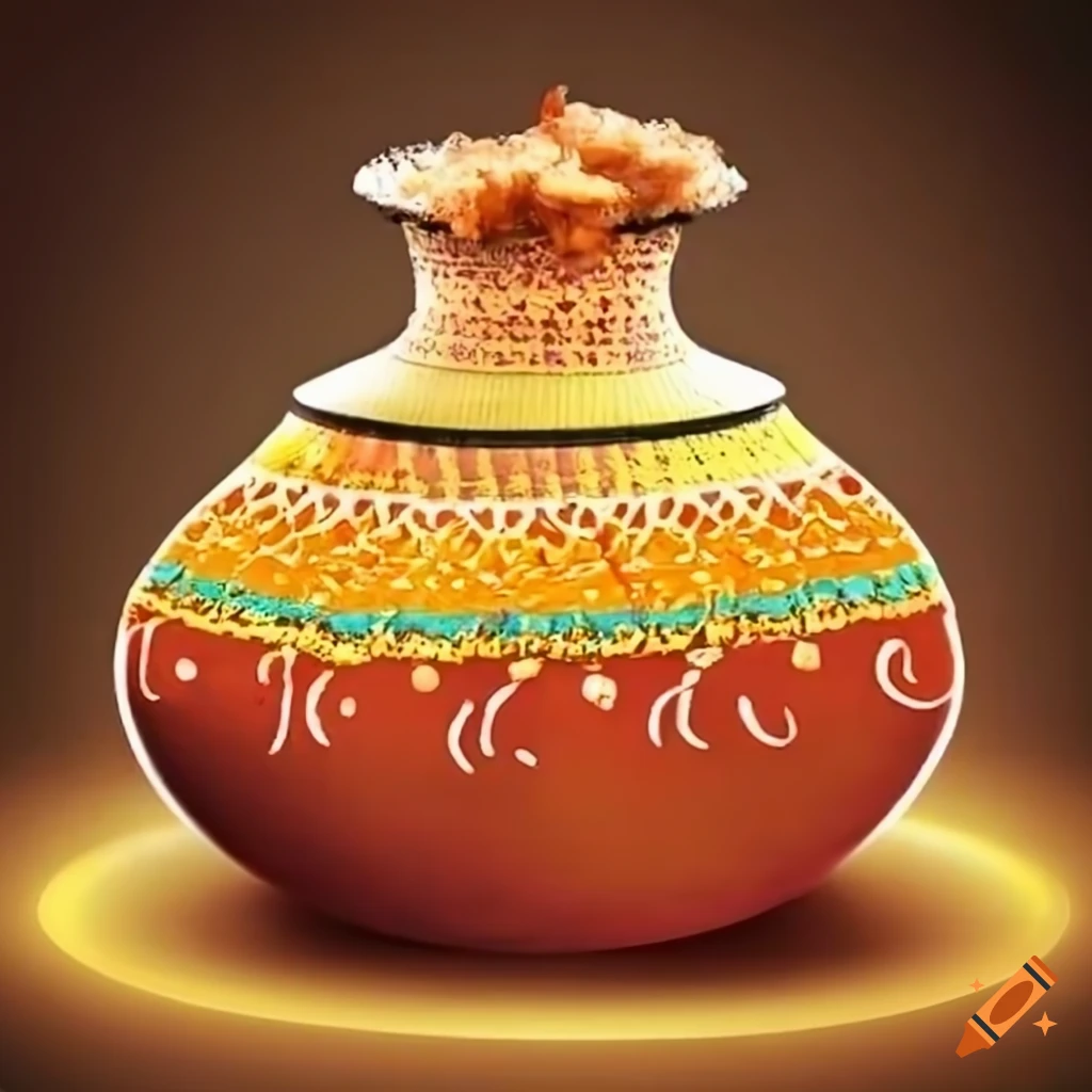 Pongal celebration with traditional pot and decorations on Craiyon