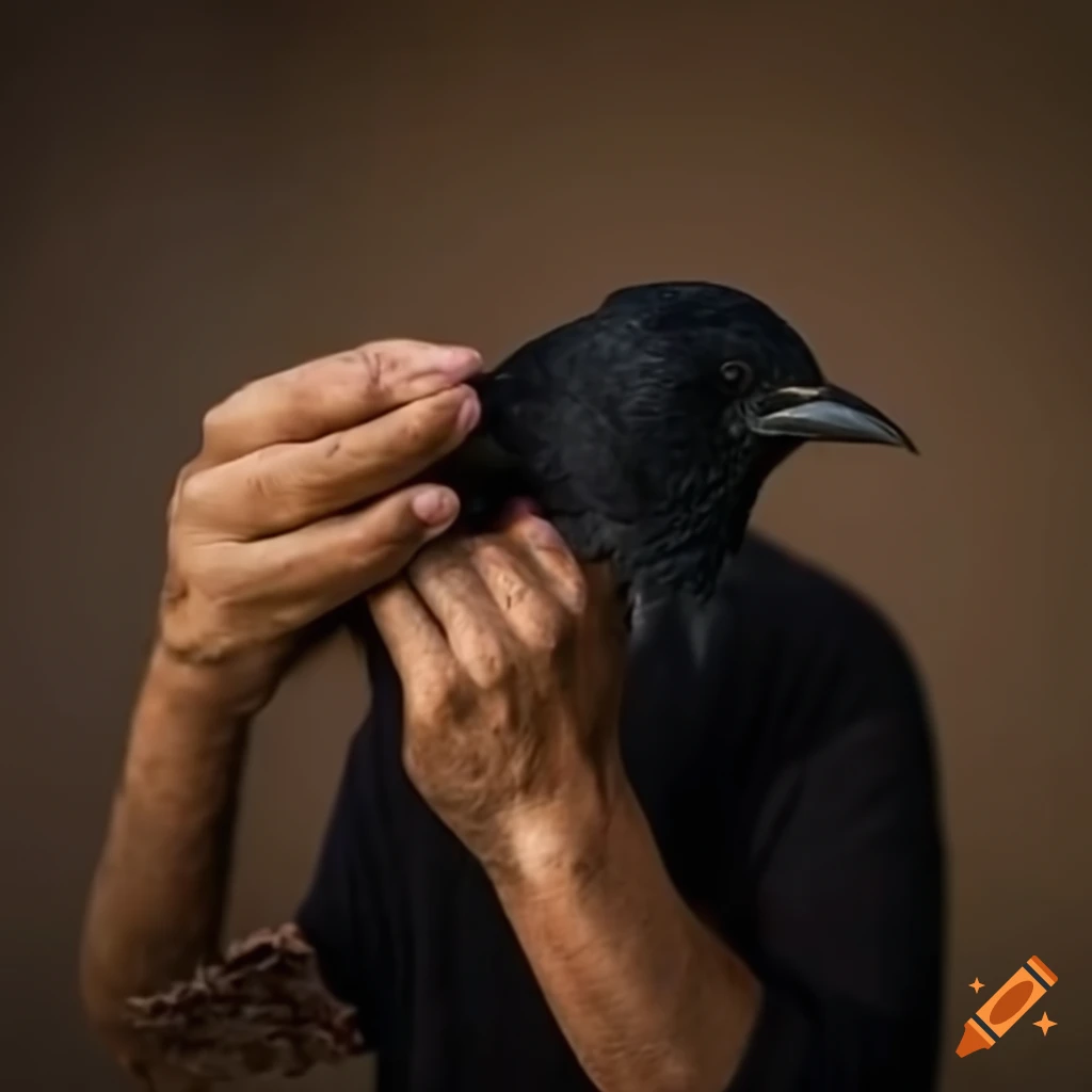 Persian man playing with crows in a close-up photo on Craiyon