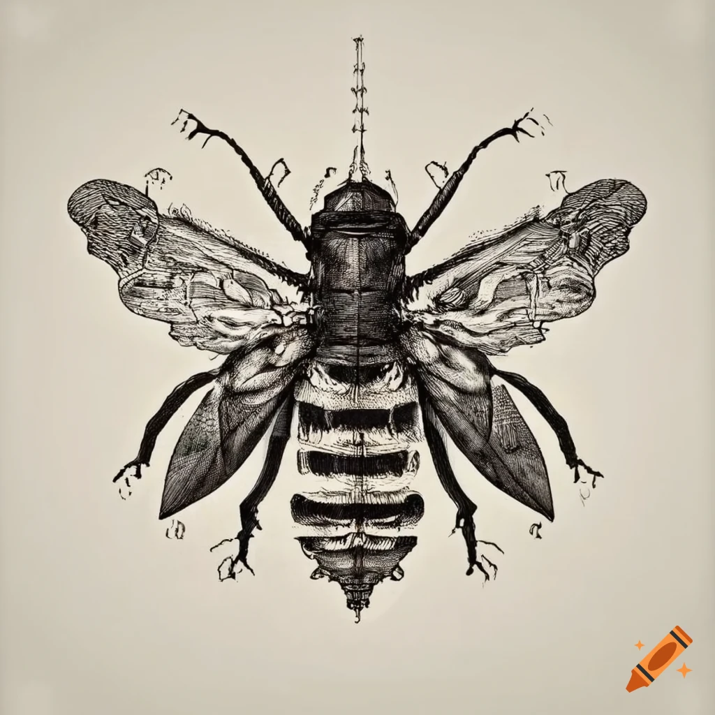 Escher blueprints of a detailed bee with clouds and ink spots on Craiyon