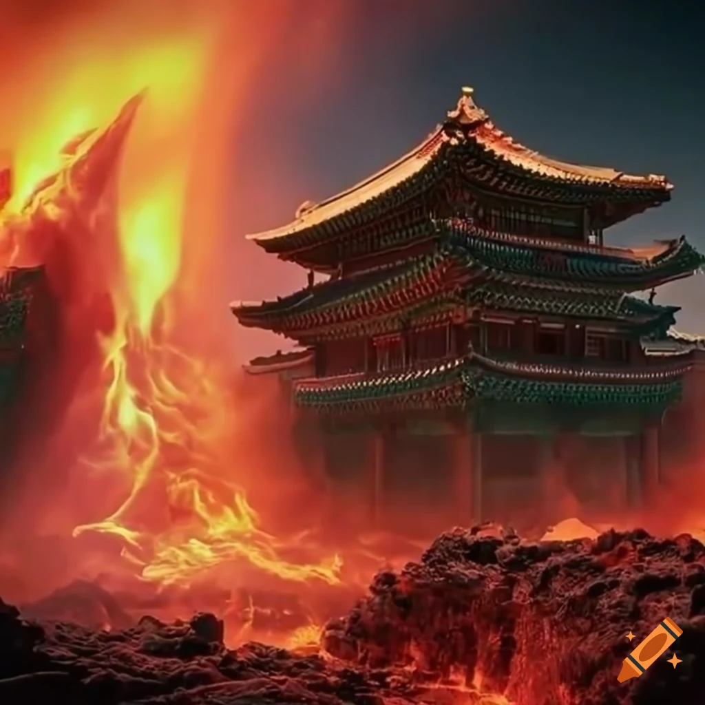 Post-apocalyptic gyeongbokgung palace ruins in flames with volcanic ...