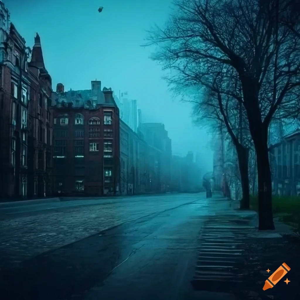 Gloomy city street with a park and propaganda on the walls on Craiyon