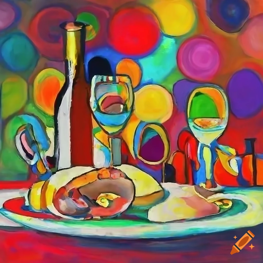 Colorful abstract painting of diner table with food, wine bottles, and ...