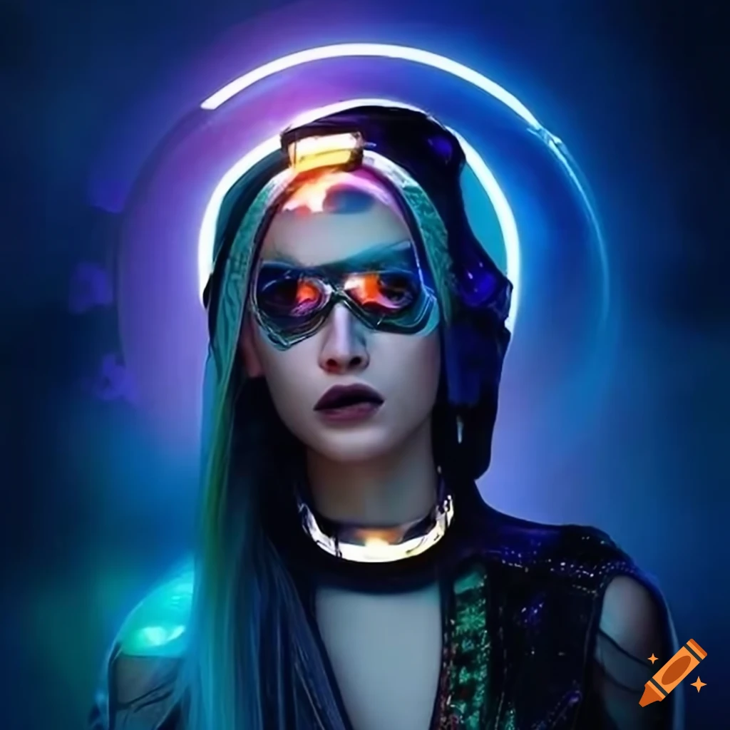 Stunning young woman in futuristic neo-dada outfit in a surreal neon ...