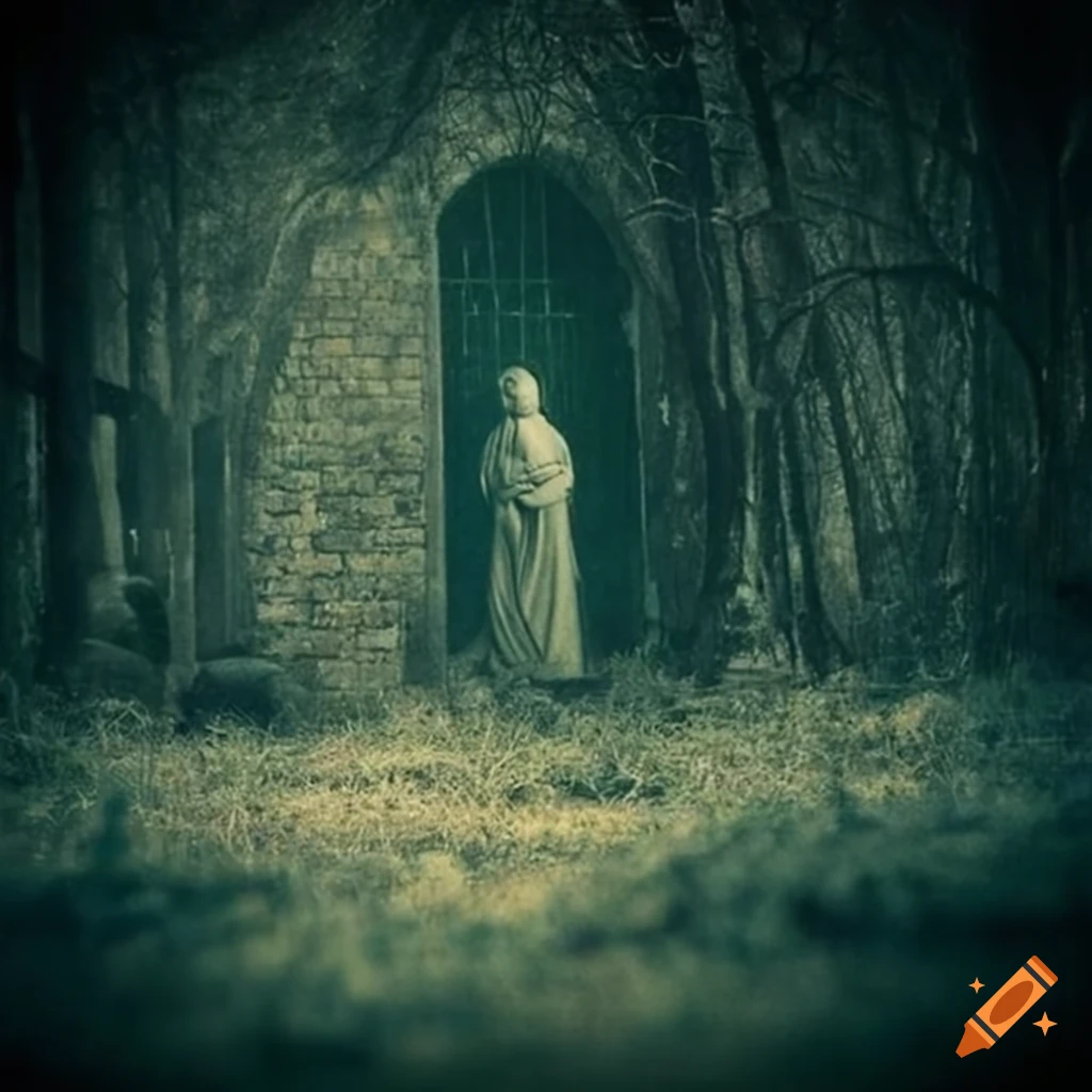 Mysterious figure standing alone in a decrepit cemetery in a vintage ...