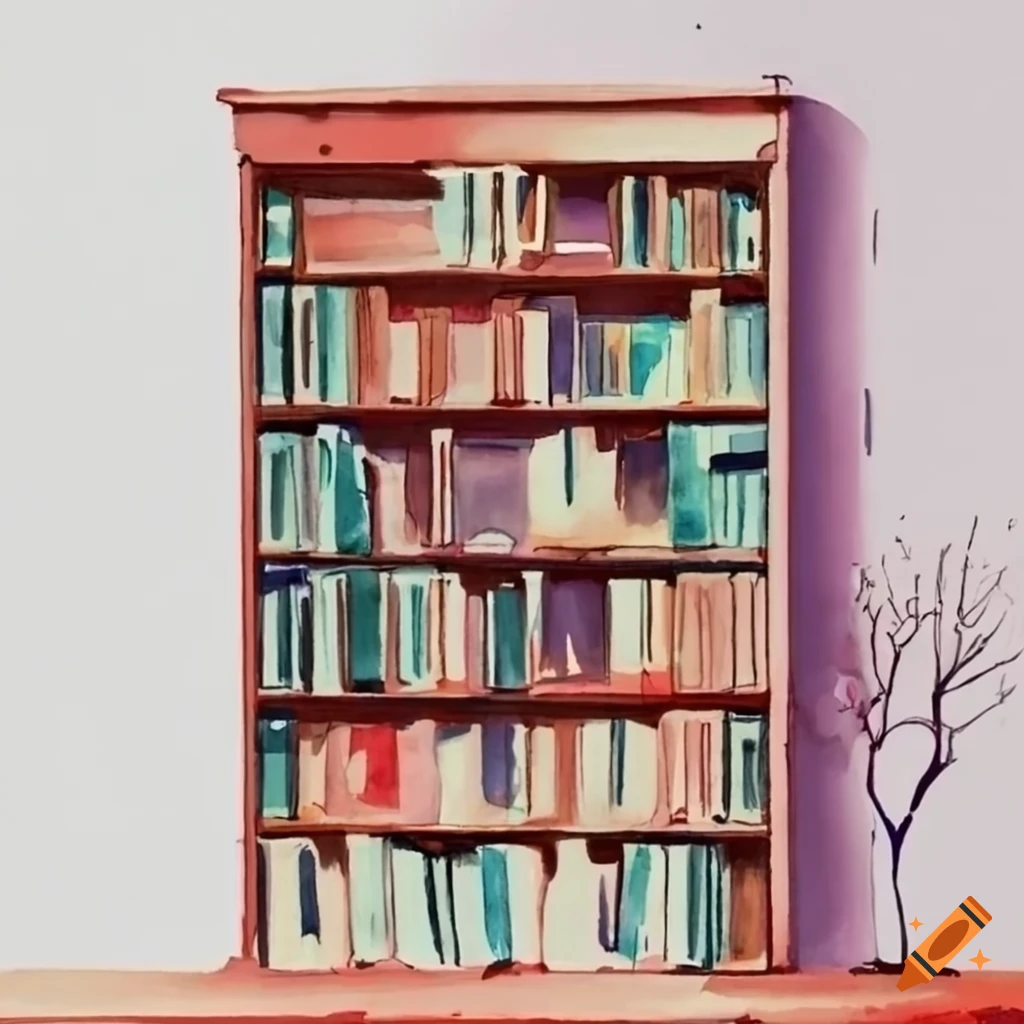 Library bookshelf in watercolor on Craiyon