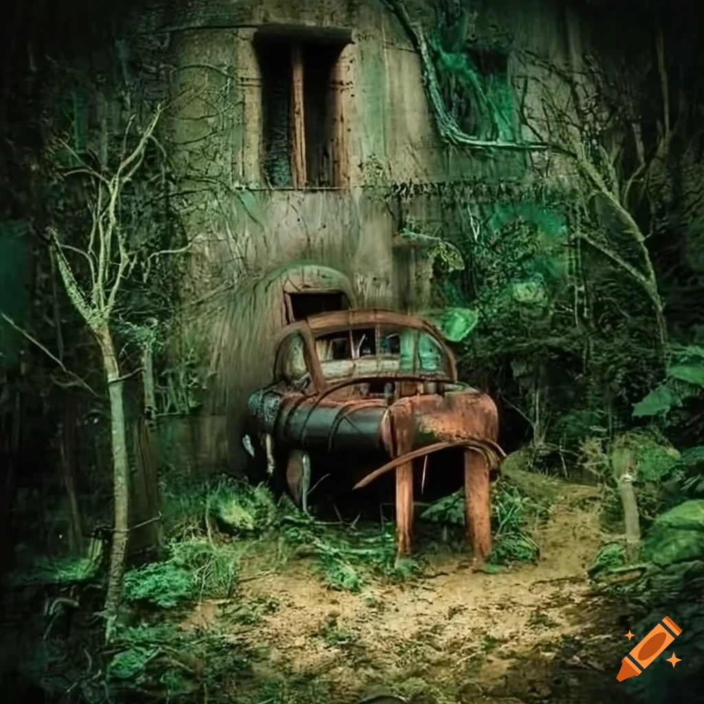 Surrealist art gallery of rusty junk outdoor sculpture garden with old cars and broken dolls on ...