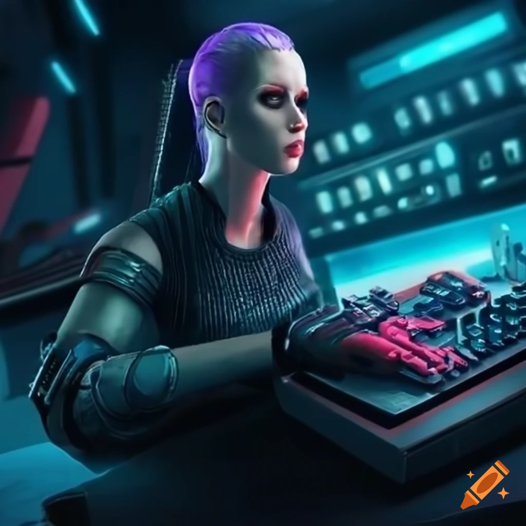 Sci-fi cyberpunk coder typing on keyboard on Craiyon