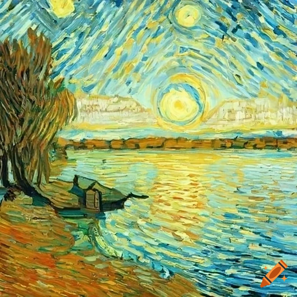 Sunny day on a lake painting by vincent van gogh on Craiyon