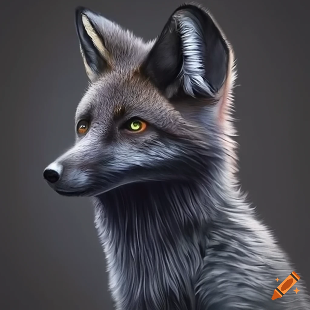 Hyper-realistic half-profile portrait of a gorgeous black fox on Craiyon