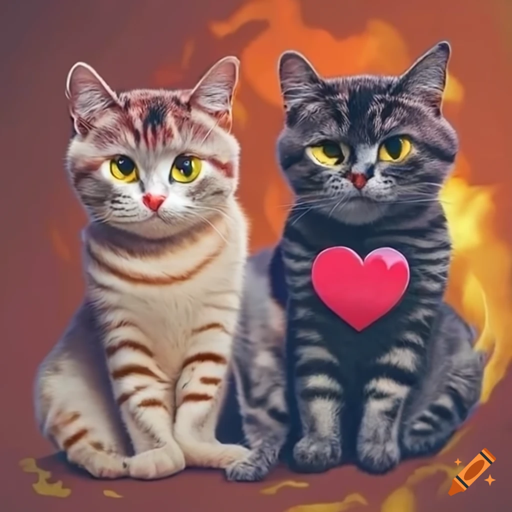 Colorful cat holding flaming heart, looking sad but lovely on Craiyon