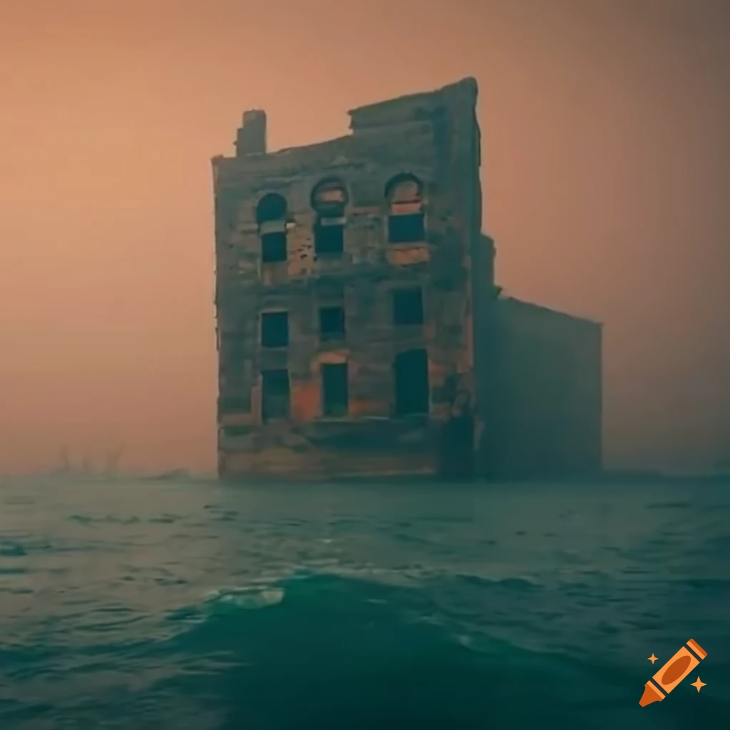 Close-up of crumbling abandoned brick buildings sinking into ocean amid ...