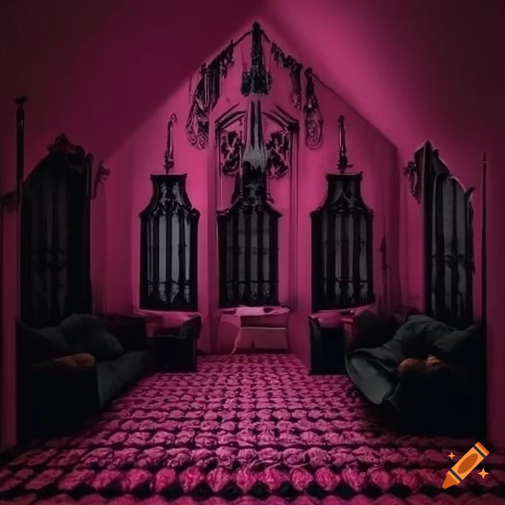 Gothic-inspired dorm room with pink and black decor on Craiyon