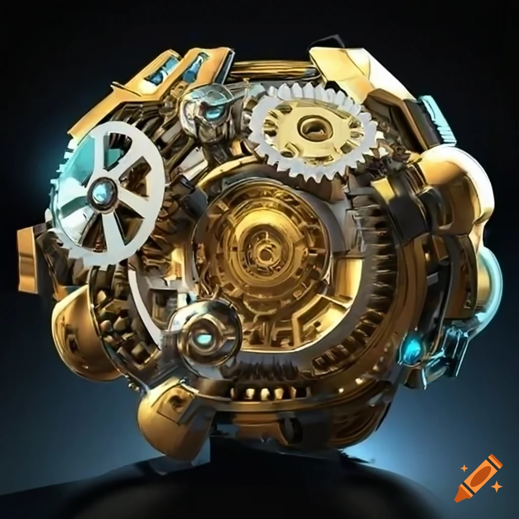 Futuristic machine with gold and silver gears of various sizes on Craiyon