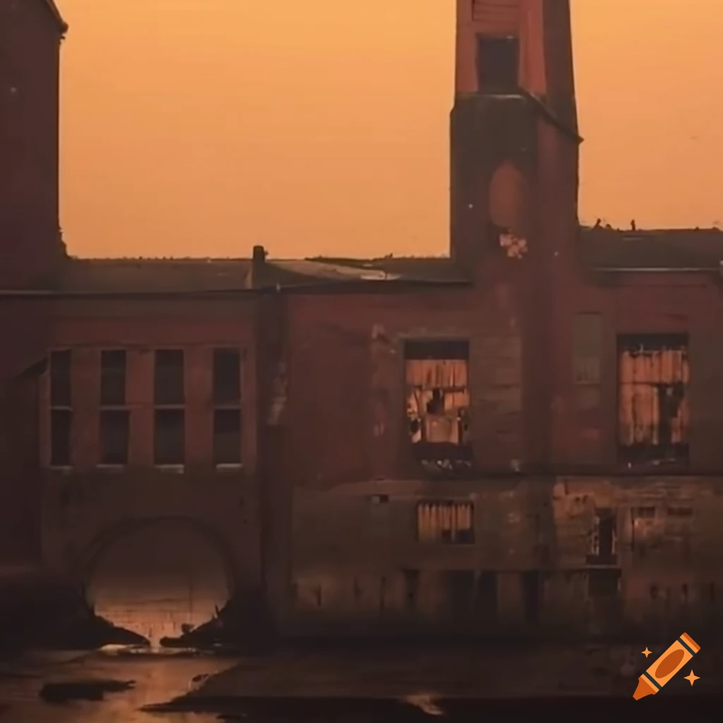Abandoned victorian factory sinking into ocean in a pale orange fog on ...