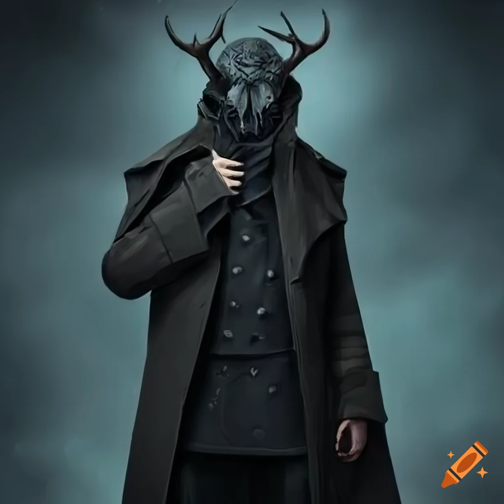 Man in dark grey trench coat with stag skull mask and mithril on Craiyon