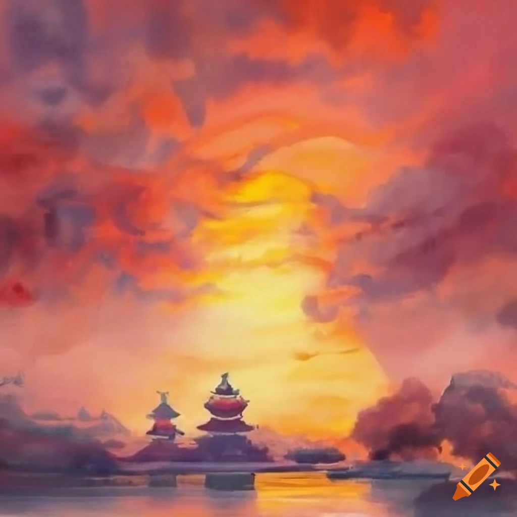 Heavenly sunset with chinese palace in chinese painting style on Craiyon