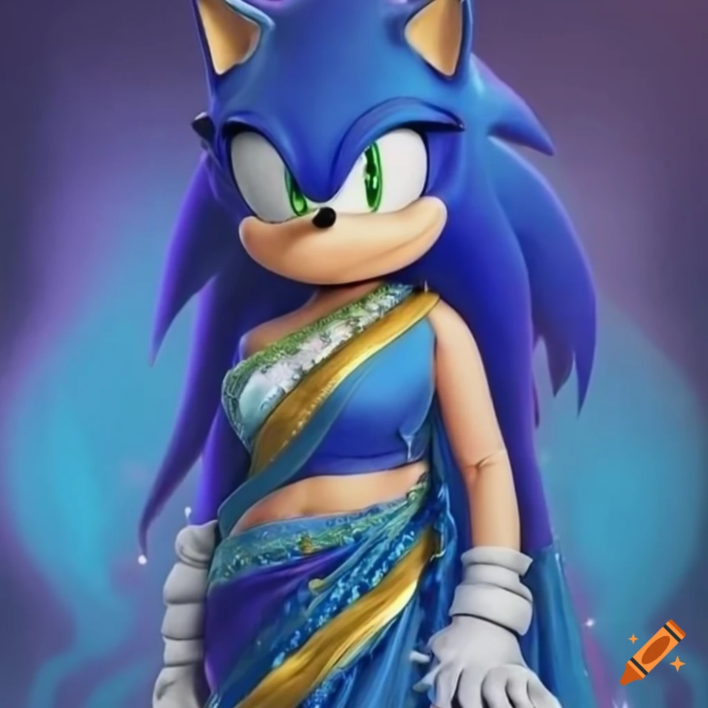 Sonic the hedgehog character in a blue saree charming her fans on Craiyon