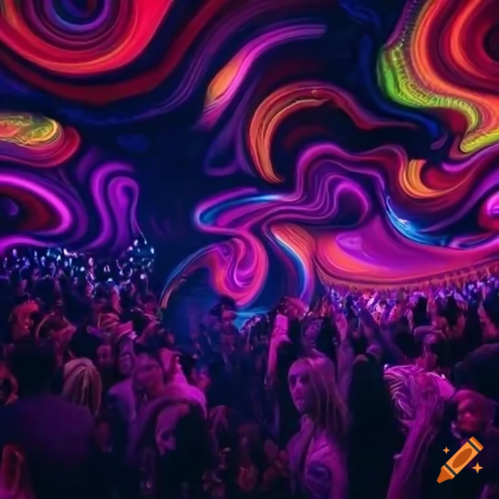 Crowd of people in a room surrounded by psychedelic swirls on Craiyon
