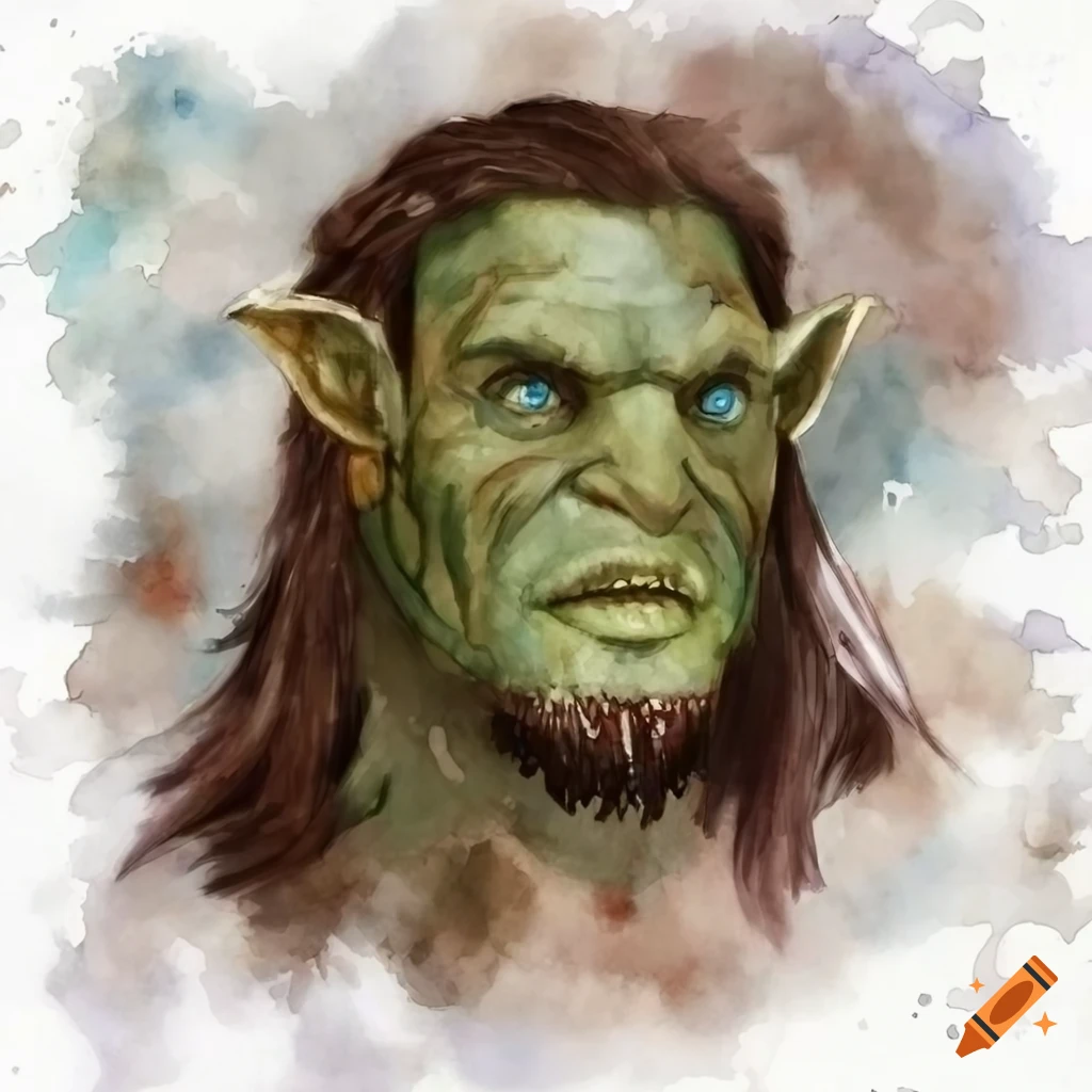 Realistic watercolor portrait of a smiling half-orc man with blue eyes ...