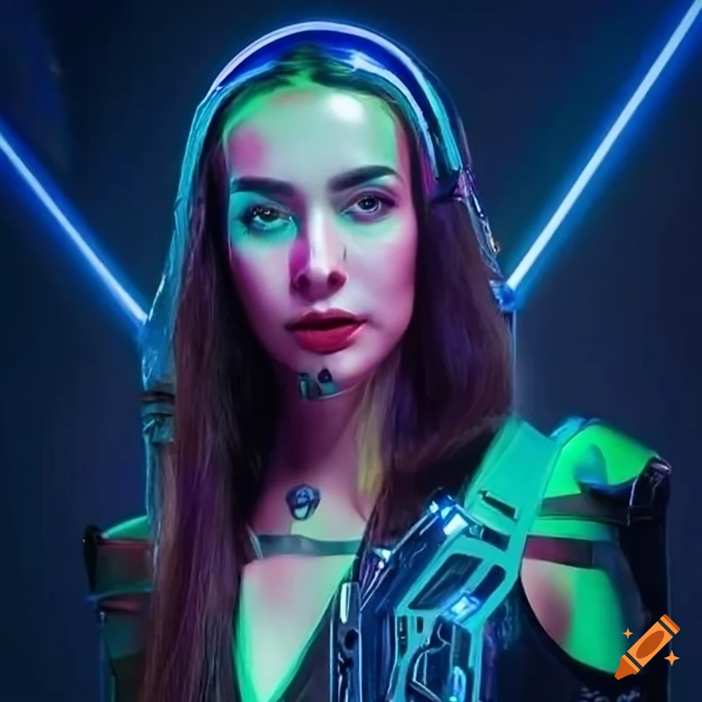 Stunning young woman in futuristic neo-dada outfit in a surreal neon ...
