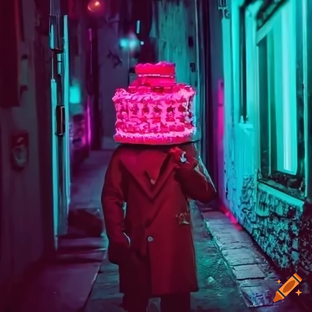 Futuristic detective with cake-shaped head in a neon-lit alleyway on ...