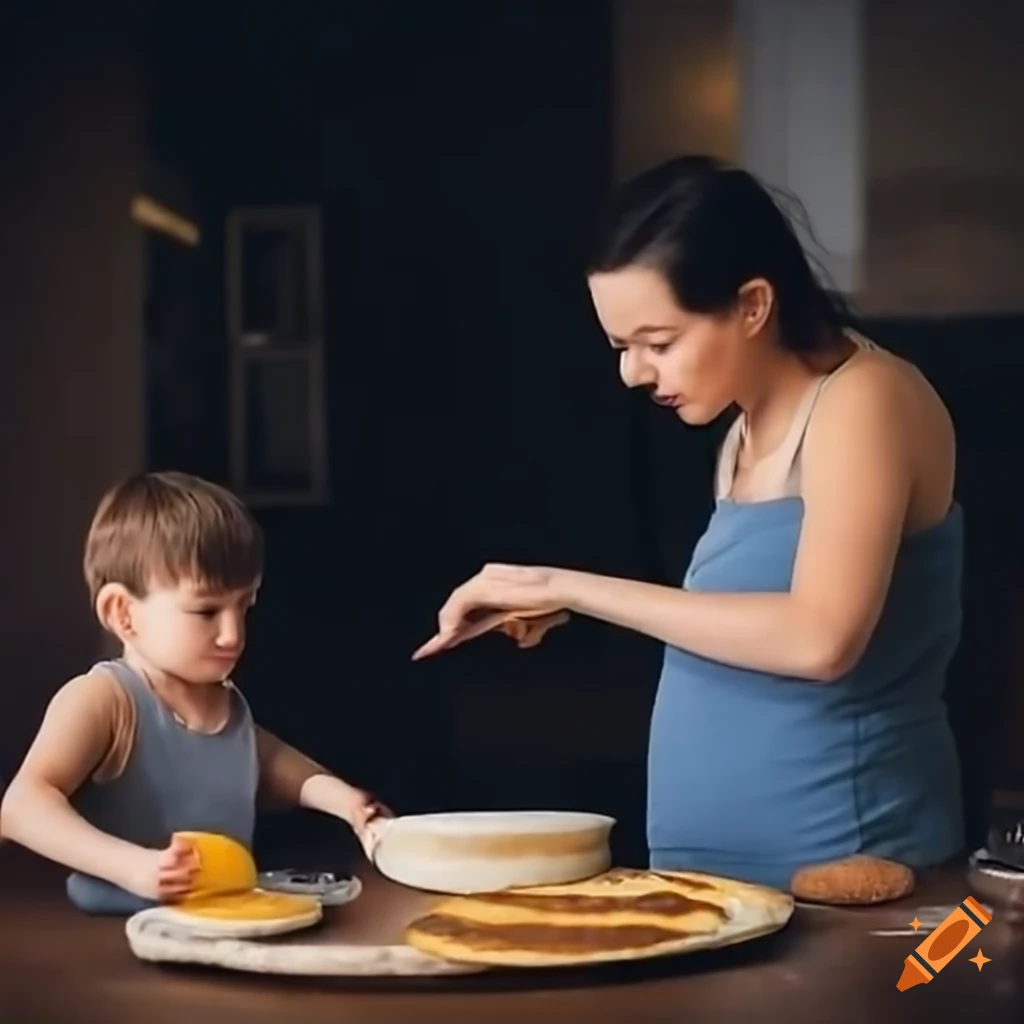 Woman and child making pancakes on Craiyon