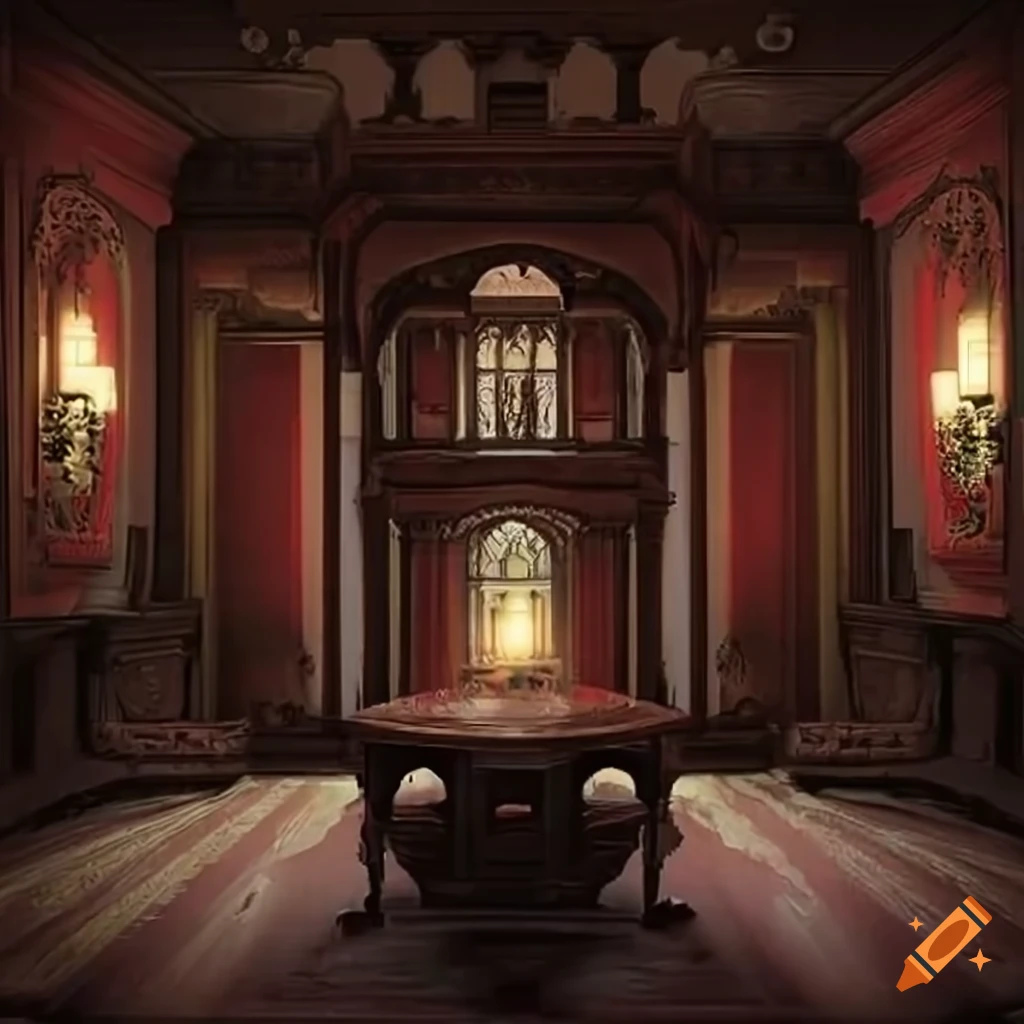 Interior scene of a haunted mansion with unsettling details in rooms ...