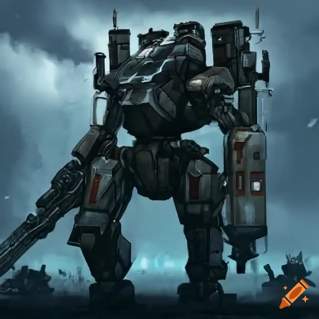 Mech with grenade cannon, gatling gun, rifles, sword, and shield in a ...