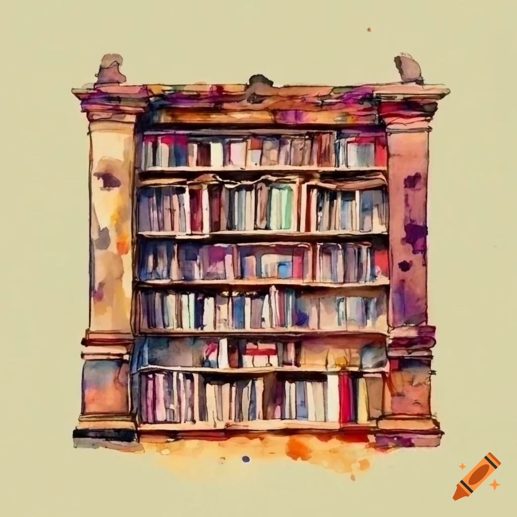 Library bookshelf in watercolor on Craiyon