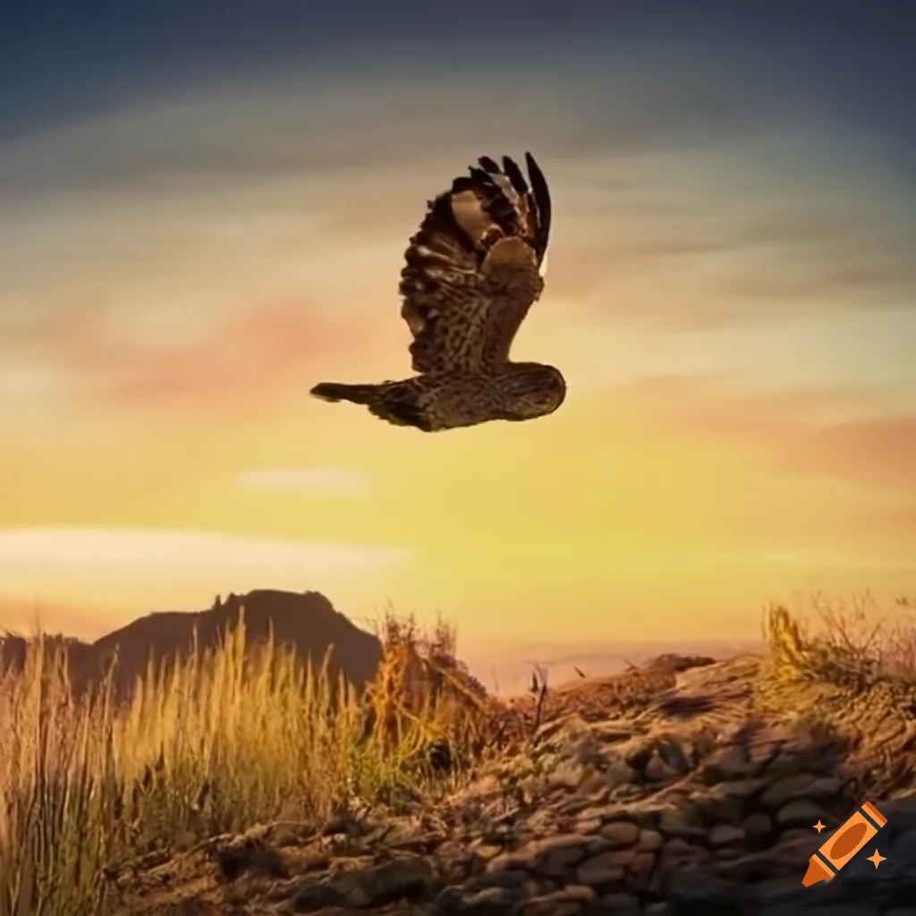 Owl landing on a hill at sunset on Craiyon