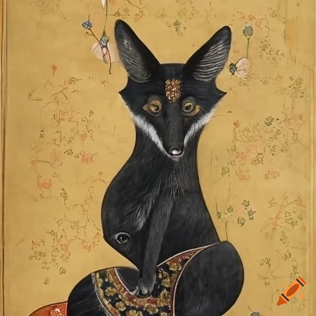 Black fox in mughal and persian miniature style on Craiyon