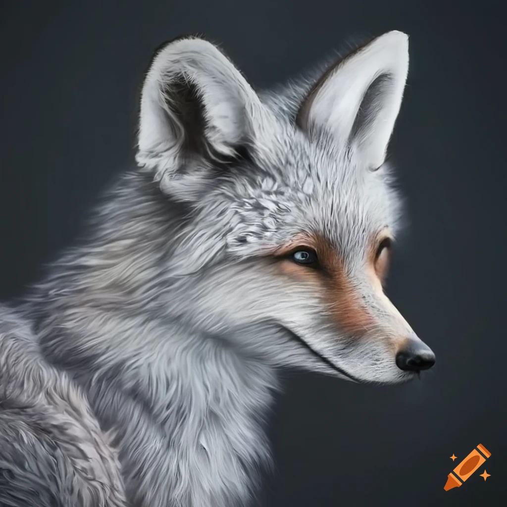 Hyper-realistic portrait of a silver fox with tender violet flowers on ...