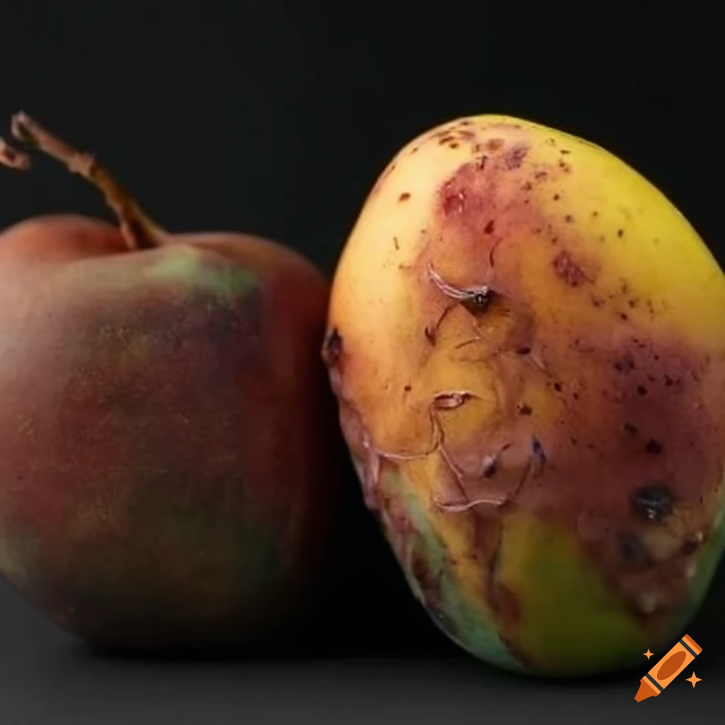 Rotting mango next to a rotting apple on Craiyon