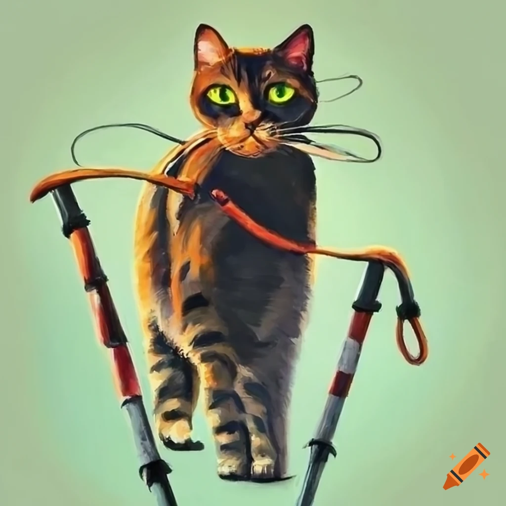 Painting of a cat using walking poles on Craiyon