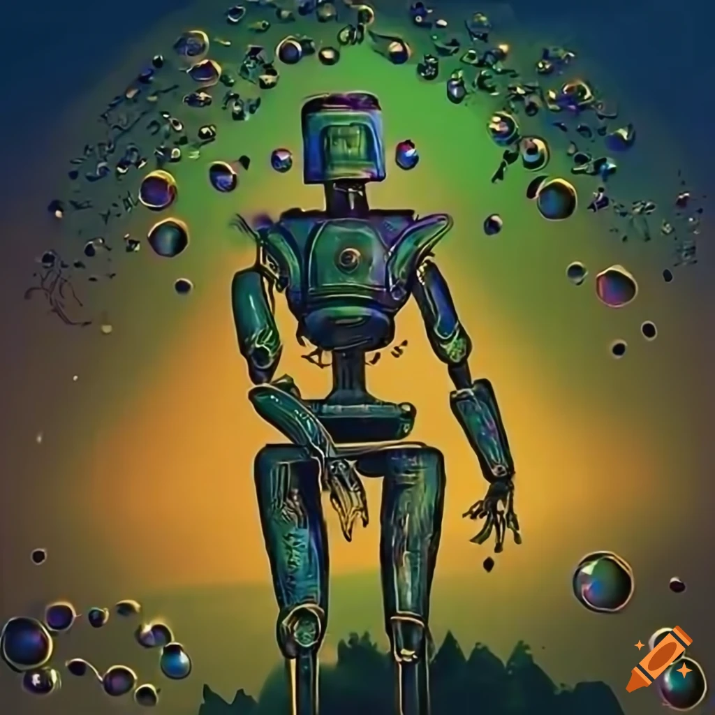 Intelligent robot made of iridescent bubbles in a green jungle ...