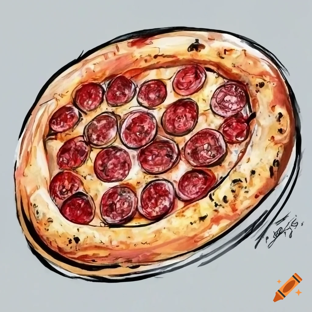 Pepperoni pizza drawn with crayon on a white background in a comic ...