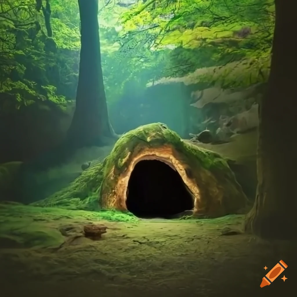 Animal cave in a bright forest during daylight on Craiyon