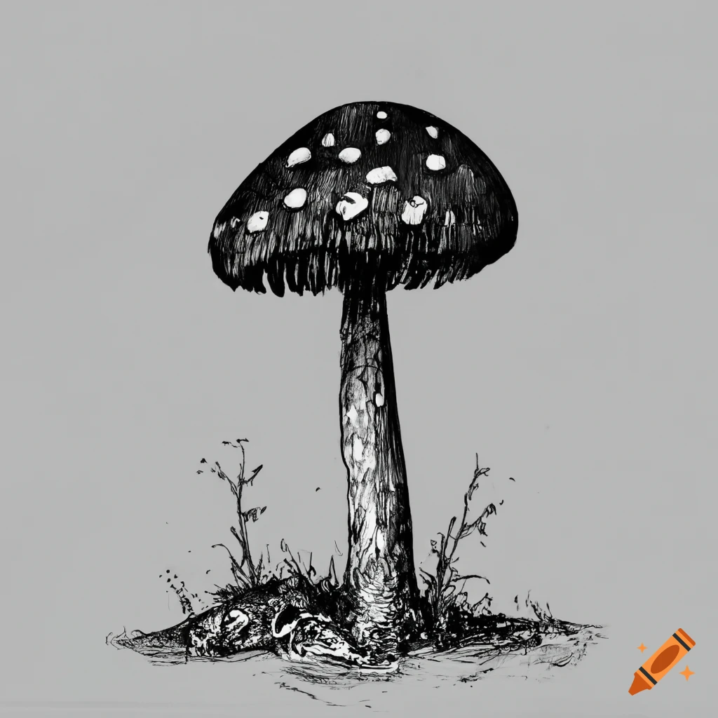Monochromatic ink drawing of tall toadstool on rocky ground on Craiyon