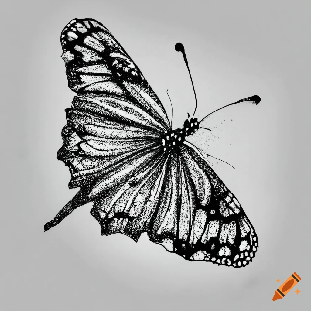 Butterfly in black and white pen and ink stipple drawing on Craiyon
