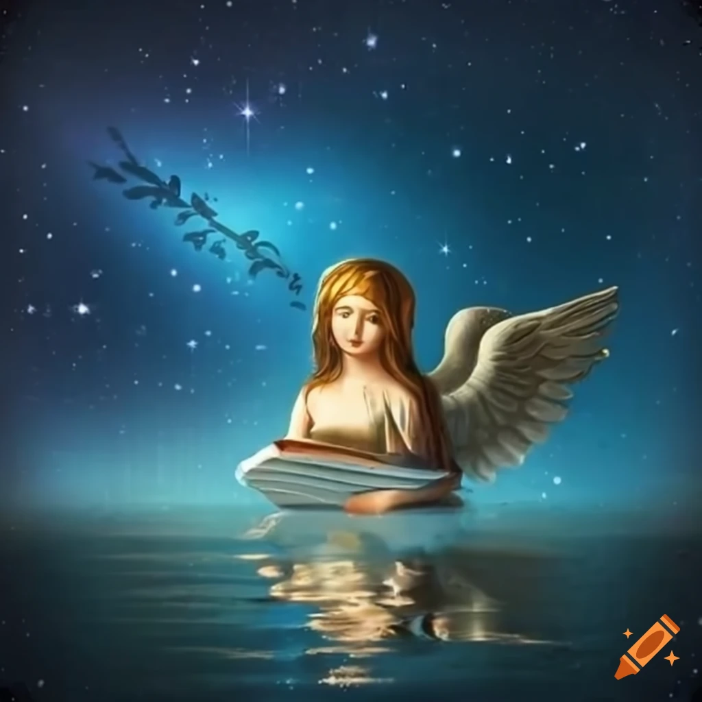 Angel reading a book in a lake surrounded by stars on Craiyon