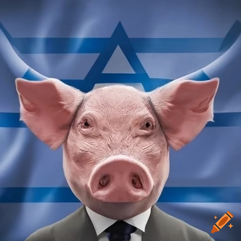 Satirical pig head in suit with israel's flag on Craiyon
