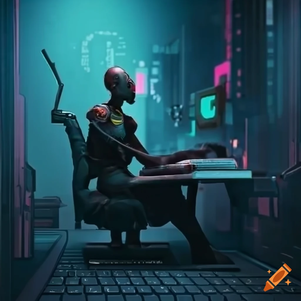 Sci-fi cyberpunk coder sitting and typing on a keyboard on Craiyon
